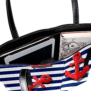 Large Leather Handbags for Women Nautical Ocean Stripe Anchor Top Handle Shoulder Satchel Hobo Bag