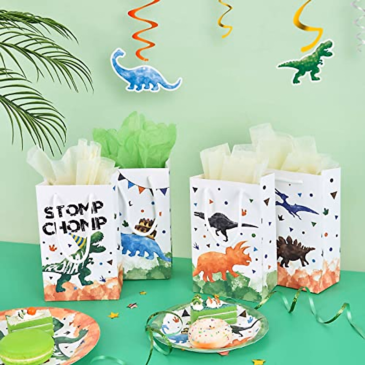 WERNNSAI Watercolor Dinosaur Party Bags - 16 Pack Dinosaur Party Favor Bags for Boys Kids Dino Theme Party Supplies Candy Treat Goodies Gift Bags with Handle