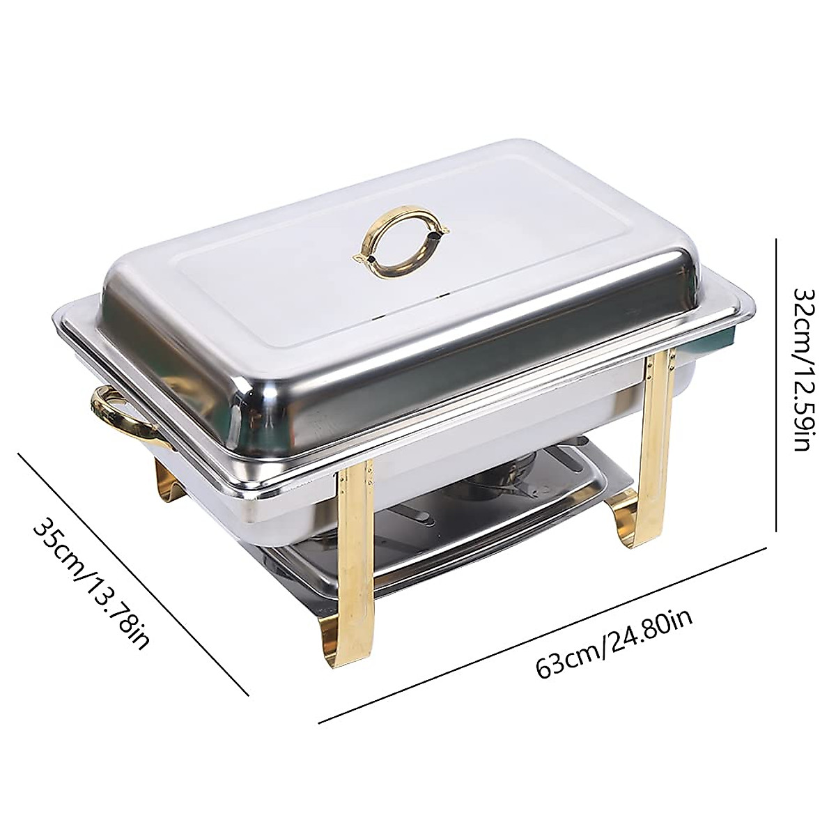 9.5QT Chafing Dish Stainless Steel Chafer Complete Set, Rectangular Chafing Dish Buffet Set Catering Warmer Set with Food and Water Trays Lid Folding Frame Stand, Golden Handle