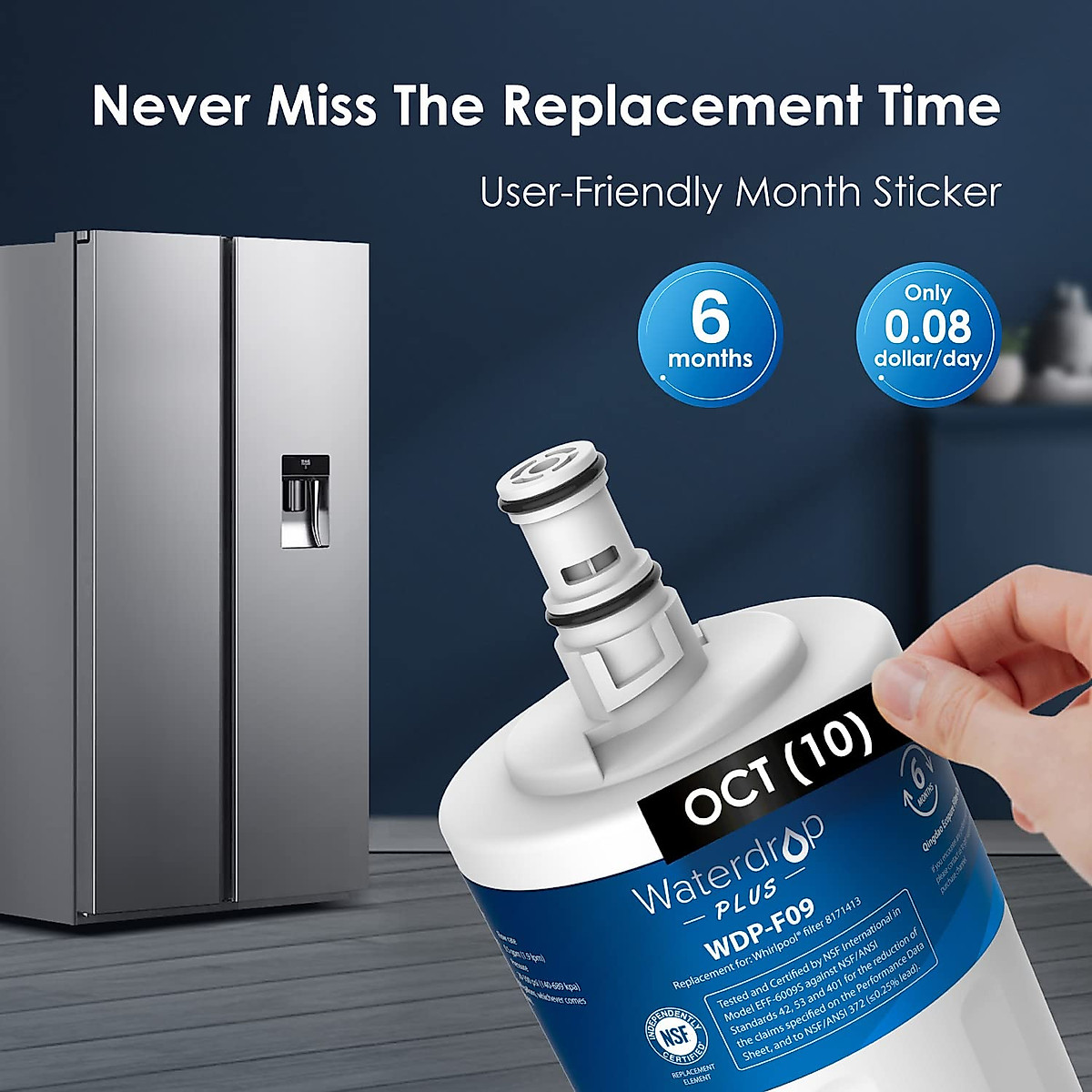 Waterdrop Plus 8171413 NSF 401 Certified Refrigerator Water Filter, 𝐑𝐞𝐝𝐮𝐜𝐞 𝐏𝐅𝐀𝐒, Replacement for Whirlpool® 8171413, 8171414, EDR8D1, Kenmore® 46-9002 (Package May Vary)