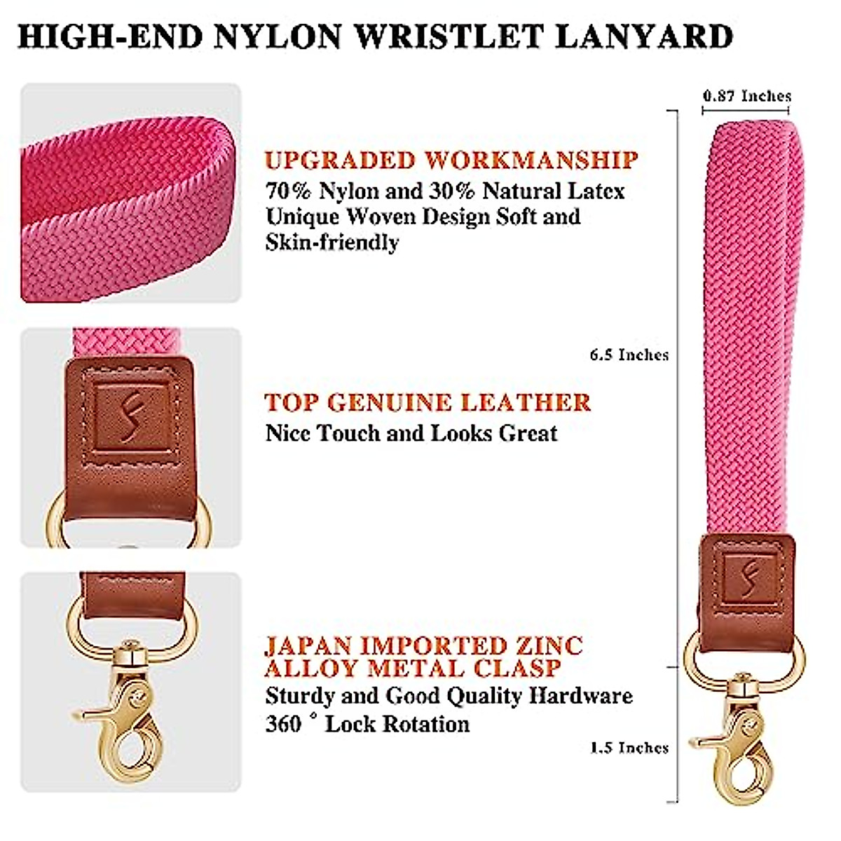 Fishent Braided Wristlet Keychain, Cute Wrist Lanyards for Keys, Upgraded Stretchy Key Chain Holder for Women Men, Wrist Strap Keychain for Car Keys Phone Camera Wallet ID Badges Card (Pink)