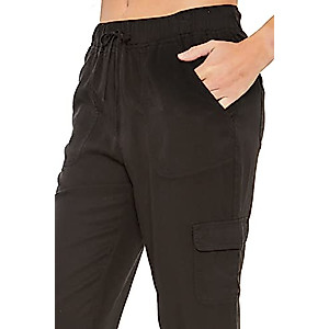 Love Tree Women's Elastic Waistband Drawstring Cargo Pants Ankle Length Joggers (Black, Large)