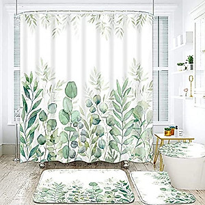 DDQQ Green Leaves Shower Curtain Sets with Non-Slip Rug, Toilet Lid Cover and Bath Mat, Plant Leaves Shower Curtain Sets with 12 Hooks, Durable Waterproof Shower Curtain for Bathroom Set Decor