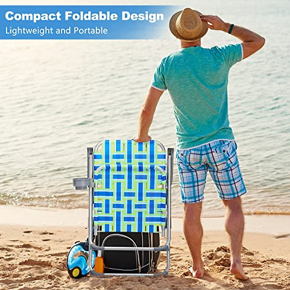 VINGLI Aluminum Patio Lawn Chairs Folding 1 Pack with Detachable Cup Holder, Webbed Beach Chair Folding Chair Outdoor Portable Camping Chair for Yard, Garden