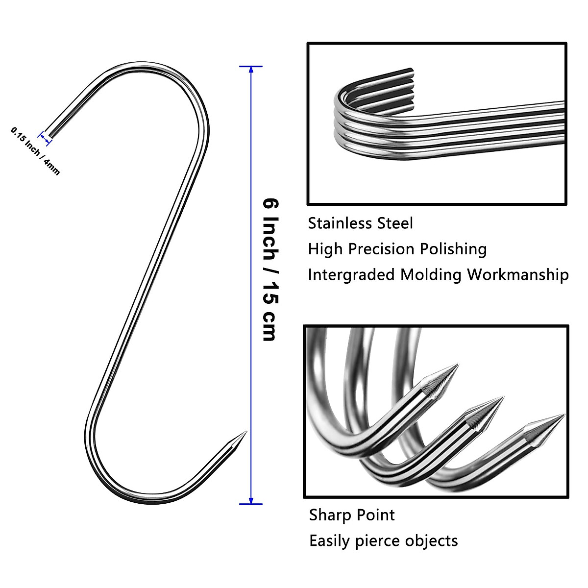 12 Pcs Meat Hooks, 5 Inch Butcher Hooks Stainless Steel (4MM Diameter), S Shaped Meat Processing Hooks for Hanging Bacon, Sausage, Hunting Smoking Ribs, Drying, Grillling BBQ For Kitchen, Market
