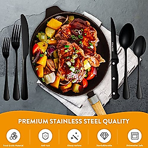 48 pcs BLack Silverware with Organizer, Stainless Steel Flatware with Steak Knife, Mirror Polished Cutlery Utensil Set, Durable Home Kitchen Eating Tableware Set, Include Fork Knife Spoon Set