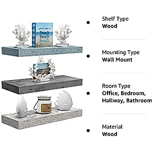 Sorbus Floating Shelves for Wall - 3 Pack Coastal Beach Wall Decor for Bedroom, Bathroom, Living Room, Office, Home & Kitchen - White/Grey/Blue Rustic Wood Hanging Wall Shelf for Books, Frames, Trophy