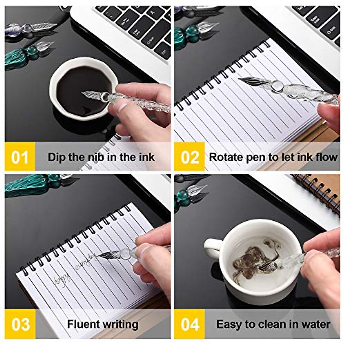 6 Pieces Handmade Glass Dip Pen, High Borosilicate Glass Crystal Dip Pen Glass Signature Pen for Writing Drawing Calligraphy Decorations Presents (Silvery, Ink Blue, Ice Green, Green, Blue, Pink)