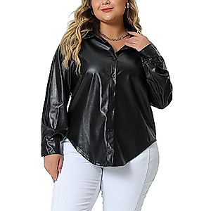 Agnes Orinda Plus Size Faux Leather Jacket Shacket for Women Motorcycle Biker Button Down Shirts 2X Black