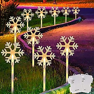 WATERGLIDE 10 Pcs Christmas Snowflake Pathway Stake Lights, 2 Pack x 5 Lighted Snowflakes Pathway Marker, Battery Operated with Timer Holiday Decorative Lights for Walkway Garden Xmas Winter