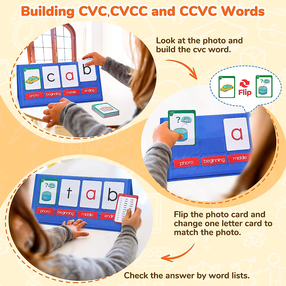 Gamenote Word Building Desktop Pocket Chart Tent Flash Cards Kit - CVC Words Phonics Games Blending Board for Kindergarten Reading and Spelling