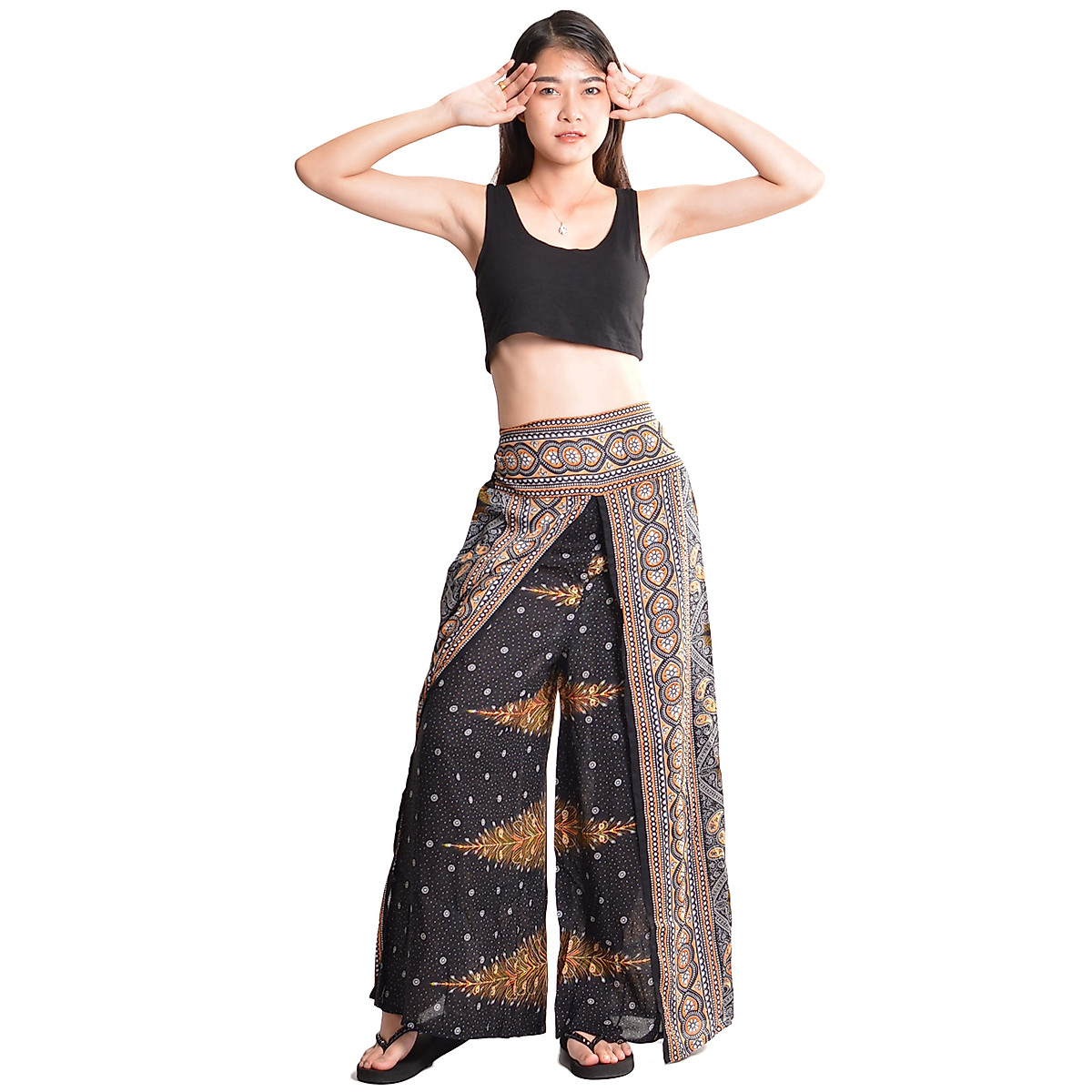 Orient Trail Womens Palazzo Wide Leg Slit Split Leg Yoga Wrap Pants Casual Beach Boho Hippie Bohimian Pilate Flowy Pilates Medium Peacock Black