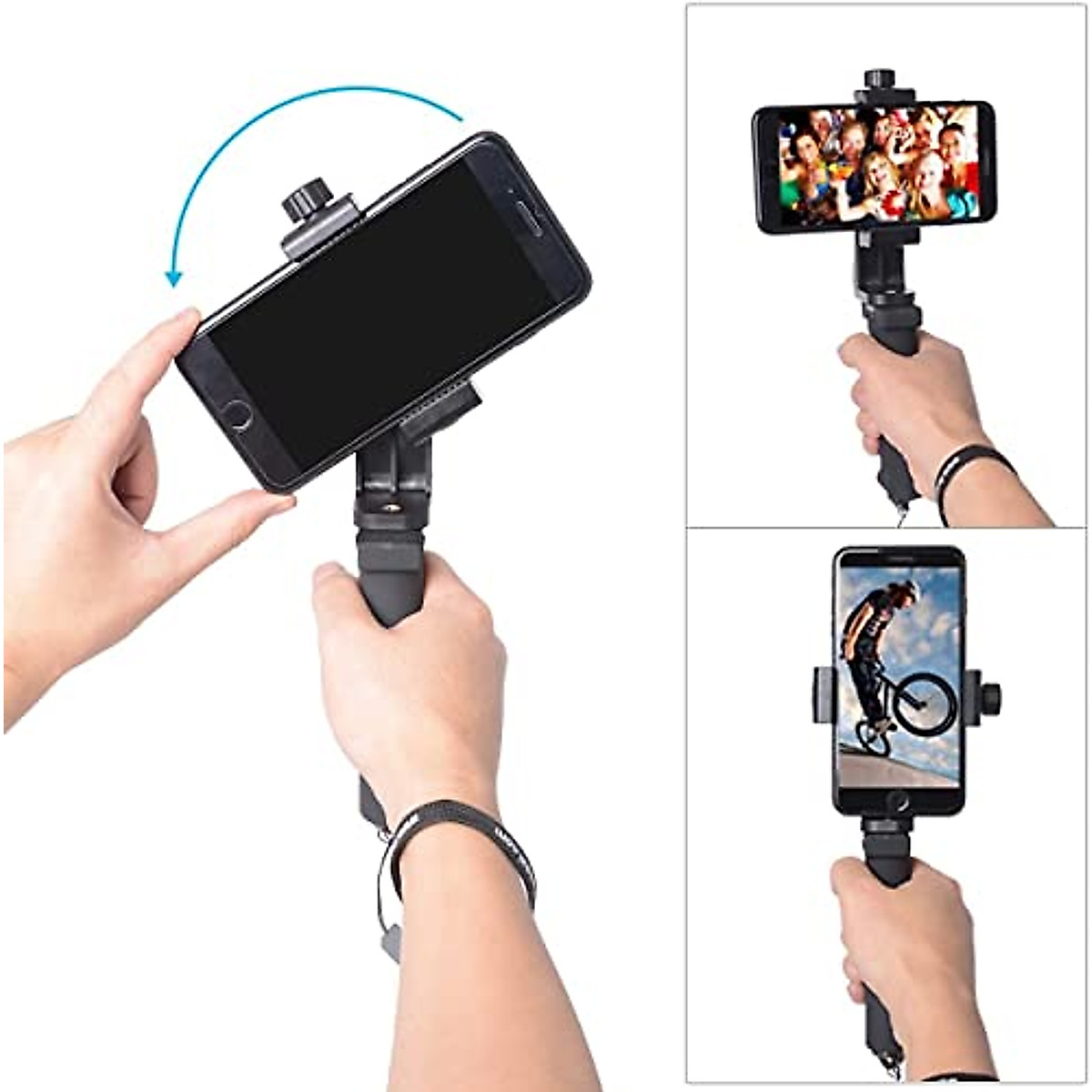 Ergonomic Anti-Falling Cell Phone Vlogging Hand Grip Stabilizer Smartphone Holder Rig Mount Video Kit w/Safety Strap Portable Selfie Stick for iPhone Samsung (Landscape+Portrait)-Mic/Light Adapter