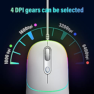 FENISIO Wired Mouse with Rainbow Backlit, LED Computer Mouse USB Wired Mouse with 6400 DPI, Ergonomic Office and Home Corded Mouse for Laptop, Desktop, MacBook, Windows PC (White)