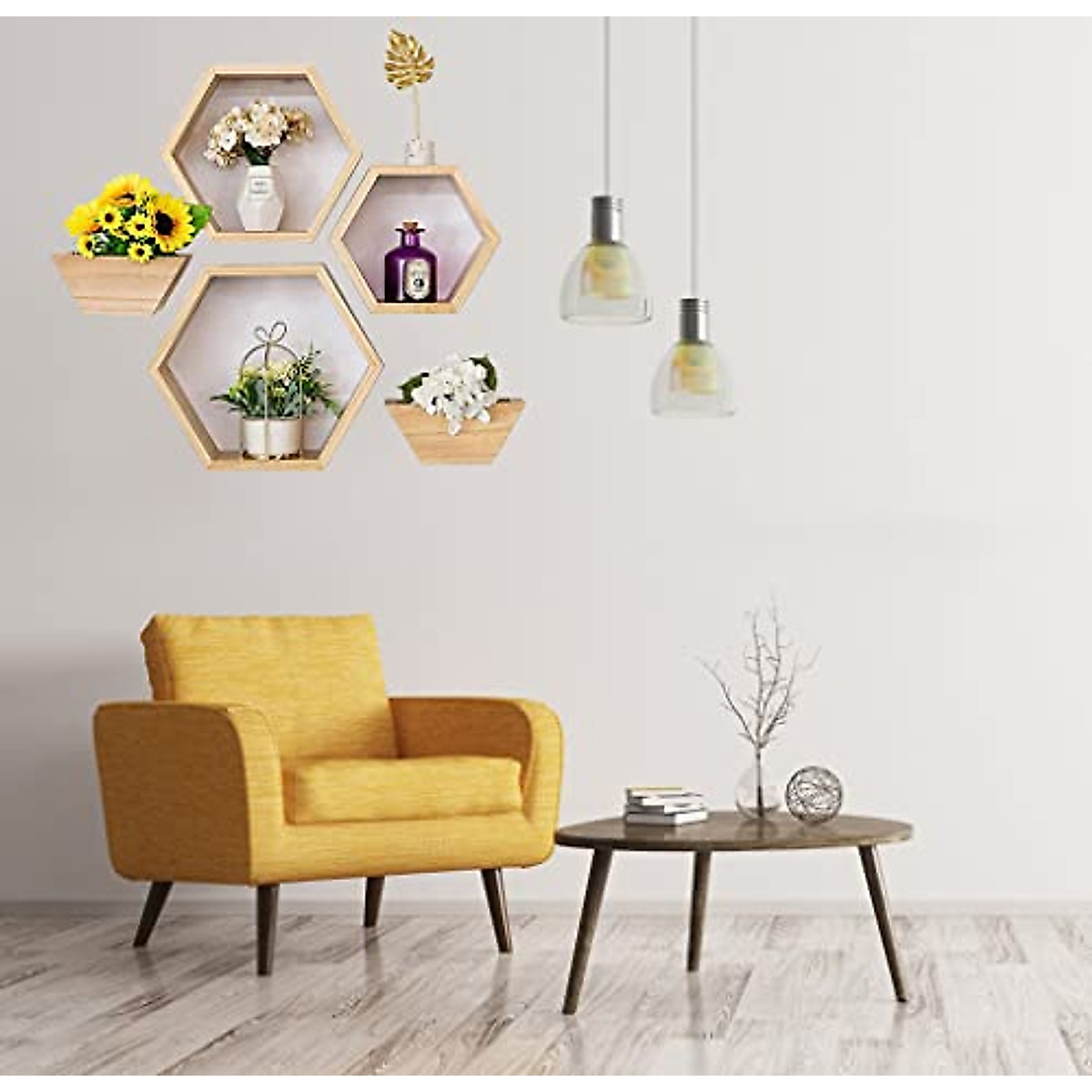 Aumneppa Hexagon Floating Shelves Set of 5, Wall Mounted Wood Farmhouse Storage Honeycomb Wall Shelf and Plant Pots for Wall Decor, Bathroom, Kitchen, Living Room, Office and More (Natural)