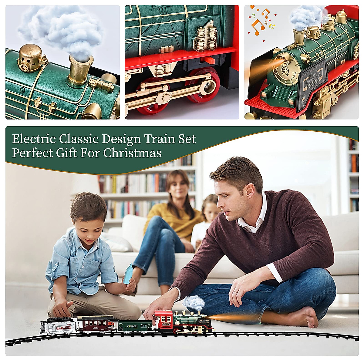 FANL Electric Christmas Train Set - Steam Locomotive Engine, Cargo Cars, Tracks - Rechargeable Toy Train Gift for Kids Age 3-6+