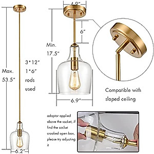JEENKAE Modern Brass Glass Kitchen Pendant Lighting Rod-Hung Gold Pendant Light, 1-Light-1