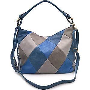 XingChen Hobo Bags for Women Patchwork Color Faux Leather Purses and Handbags Hobo Purse with Tassel(Blue)