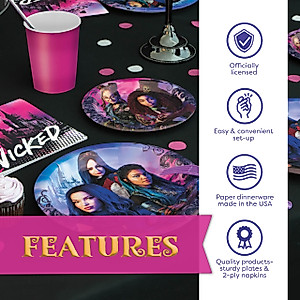 Disney Descendants Party Supplies Kit | Birthday Decorations | Serves 16 Guests | Table Cover, Plates, Cups, Napkins, Forks, Button | Descendants 2 and 3 Featuring Mal and Uma