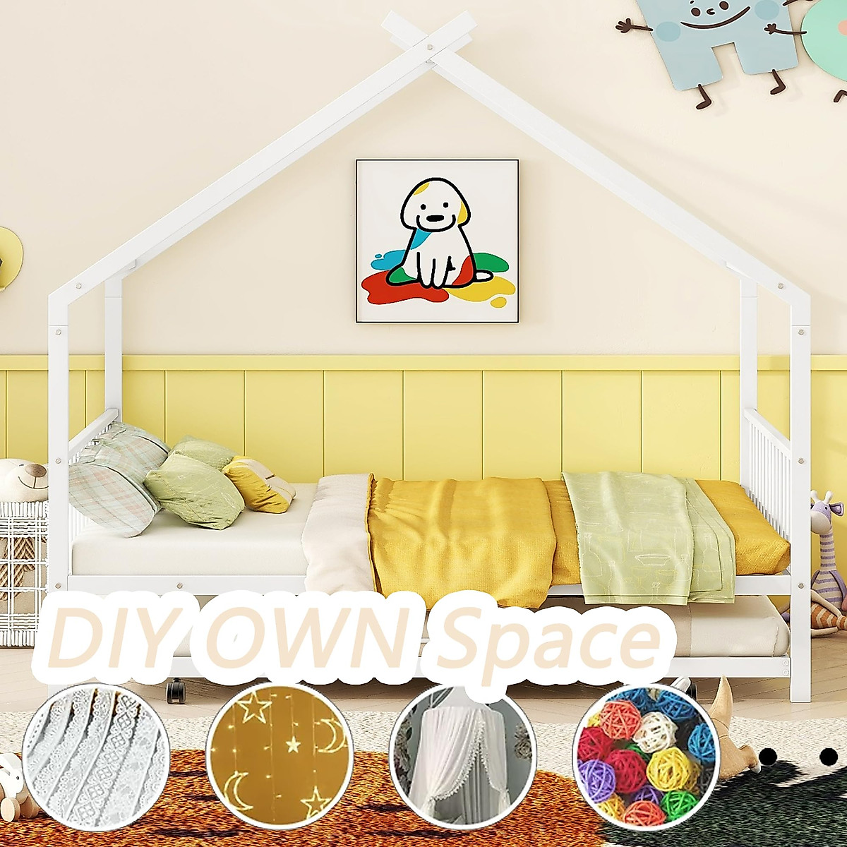 Metal House Bed for Kids, Full Size Bed Frame with Trundle Bed Twin, Kids Bed Frame with Headboard and Footboard, Full Size House Bed for Kids, Girls, Boys(Full White)