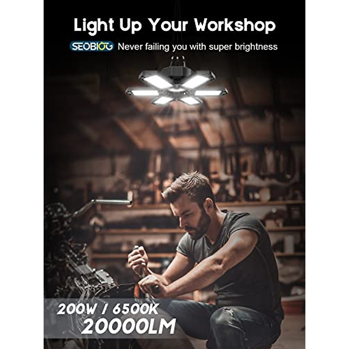 SEOBIOG 2 Pack Plug in Garage Light, Upgraded 200W 20000LM Linkable LED Shop Light, 6500K Ceiling Lights w/ 6 Deformable Panels for Garage, Warehouse, Barn, Basement (Built-in ON/Off Switch)