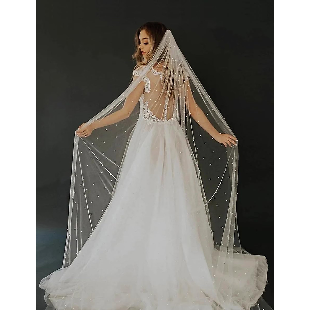Elawbty 1 Tier Pearl Cathedral Length Wedding Bridal Veil With Metal Comb White F55