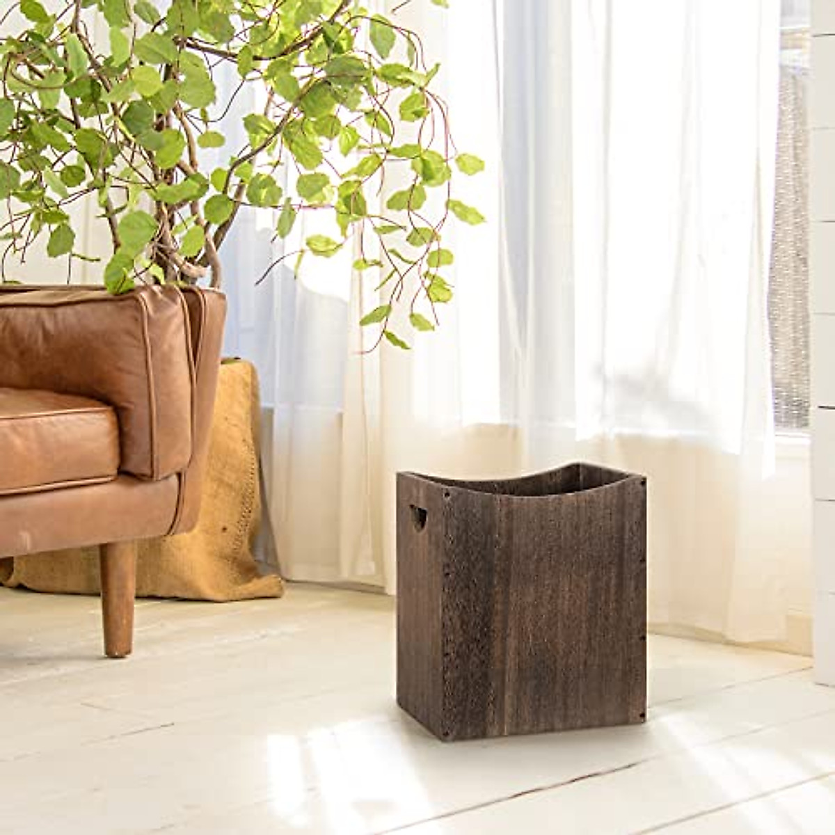 Wood Trash Can Rustic Farmhouse Style Wastebasket 5.28 Gallon Trash Can Medium Garbage Bin with Handle for Bathroom Kitchen Living Room Bedroom Office Trash Can