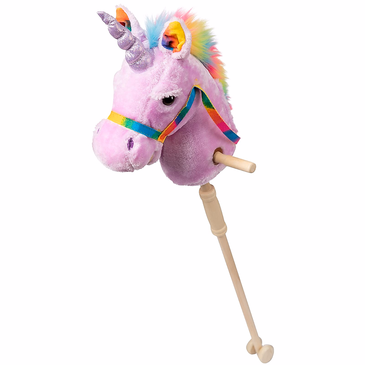 HollyHOME Unicorn Stick Horse Handcrafted Hobby Horse on a Stick with Wood Wheels Real Pony Neighing and Galloping Sounds Plush Unicorn Toy Purple 36 Inches(AA Batteries Required)