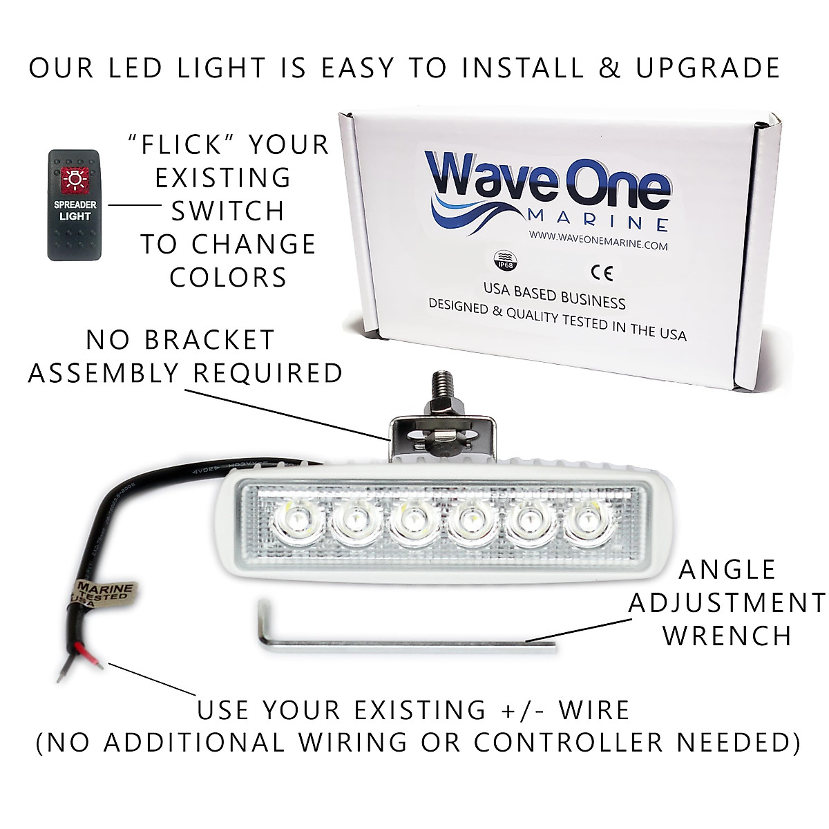 Wave One Marine | Dual Color LED Boat Spreader Light Deck Flood Beam Stainless Hardware & Bracket IP68 Waterproof Multicolor Bright High Lumen Output (White Housing, White & Red)