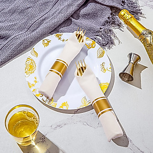 N9R 50 Pack Pre Rolled Gold Plastic Cutlery Set, Wrapped Plastic Silverware Set with 50 Forks, 50 Knives, 50 Spoons and 50 Napkins, Disposable Cutlery Set for Party and Wedding
