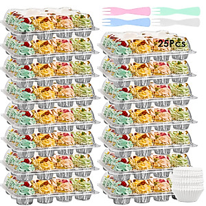 wookgreat (12 Pack x 25 Sets) Stackable Cupcake Carrier with 300 Pack Cupcake Liners and 30 Spoons, Plastic Cupcake Boxes Holders for 12 Cupcakes, Cupcake Containers, Clear Disposable Cupcake Trays