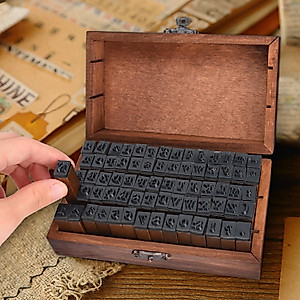 Udefineit 70PCS Wooden Rubber Alphabet Stamps, Vintage Style Mini A-Z a-z Letter Stamps 0-9 Number Stamps & Symbols Stamper Seal Set for Pottery Clay Crafts Arts, DIY Card Scrapbooking Painting