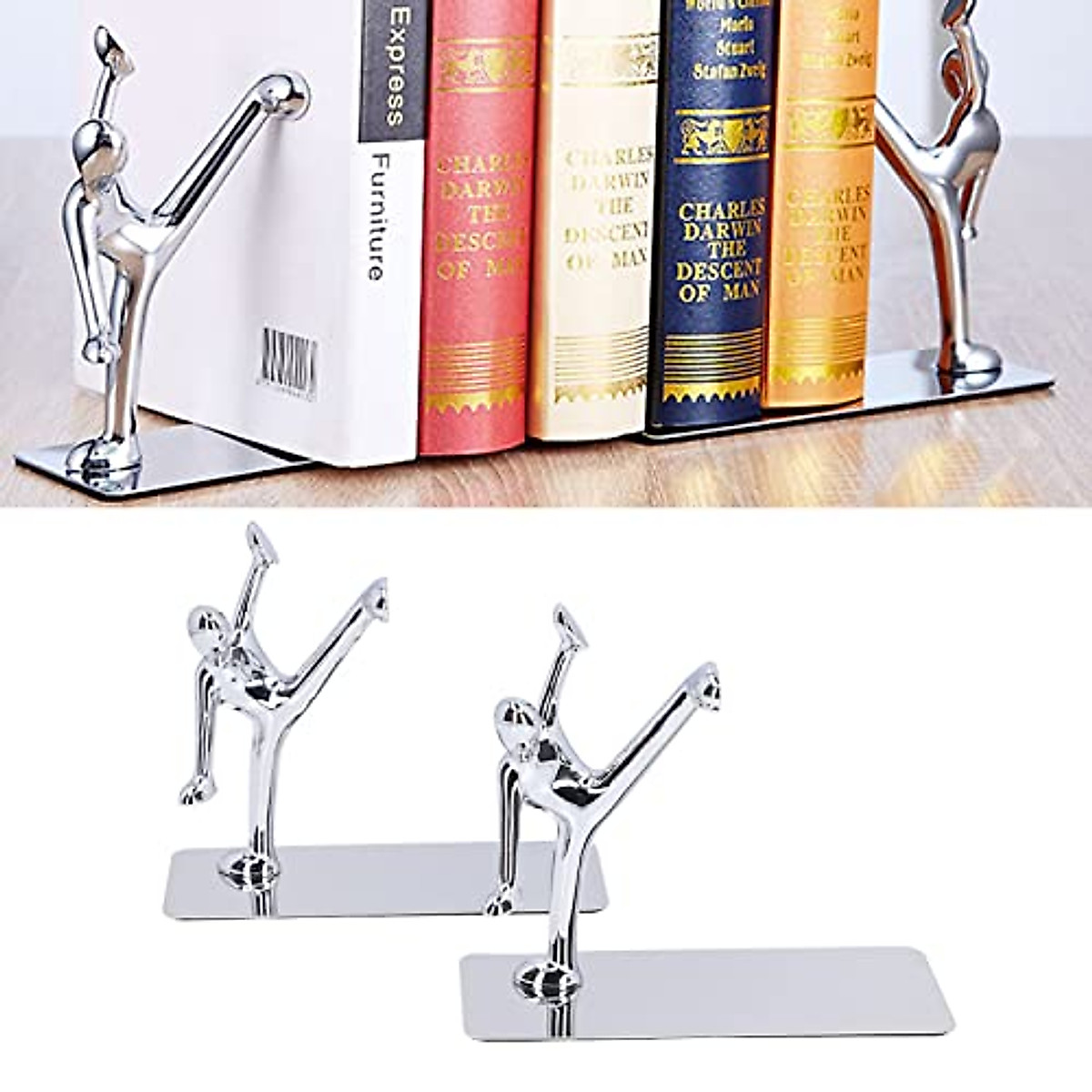 Bookends，Book Ends，Book Ends for Shelves，1 Pair Metal Bookends Stainless Steel Kung Fu Man Heavy Duty Bookends Decorative for Books Movies Home Desk Office
