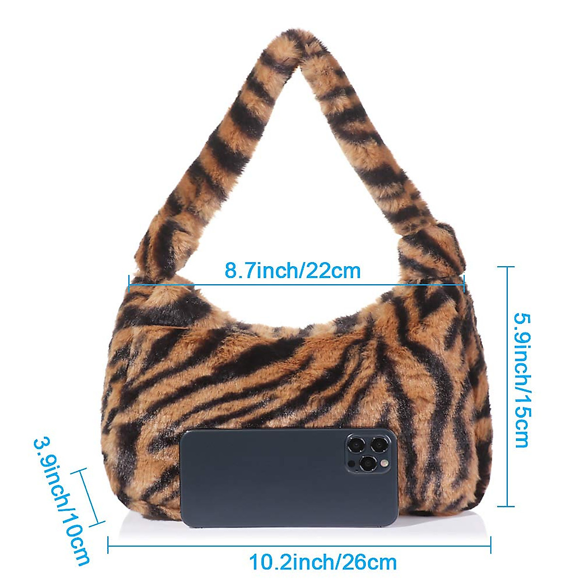 Women Leopard Print Clutch Handbag Plush Faux Fur Tote Bag Soft Warm Shoulder Crossbody Purse (1-cow print White)