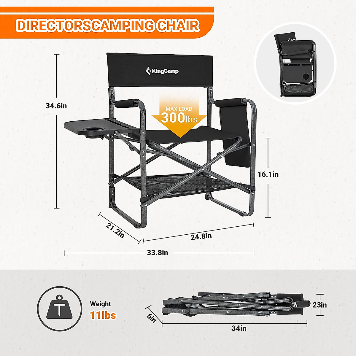KingCamp Premium Extra Heavy Duty Wide Camping Directors Chairs Supports 300lbs for Adults, Padded Folding Portable Camping Chair with Side Table Storage Pockets Carry Straps, Black