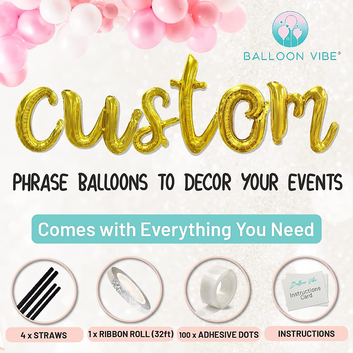 Balloon Vibe Custom Letter Balloons 16 Inch – Cursive Foil Balloon Letters Alphabets & Numbers Personalized Balloons – Create Mylar Balloon Banner for Birthday, Anniversary, or Any Other Occasion