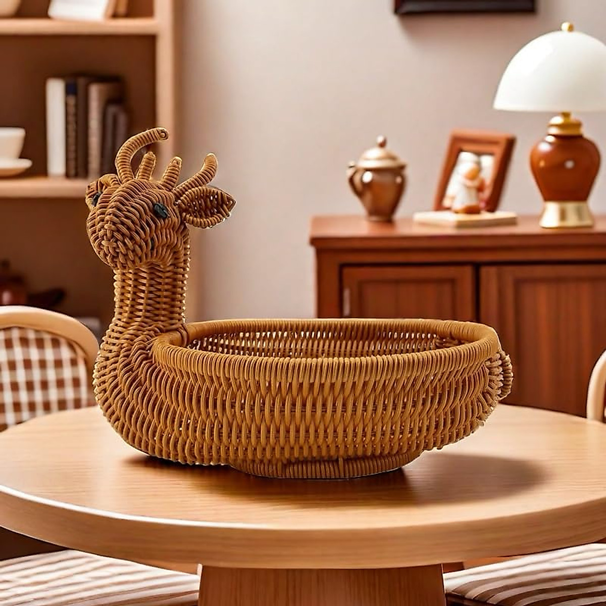 Songyang Handwoven Wicker Basket with Giraffe Head Handle,Storage basket， Tan
