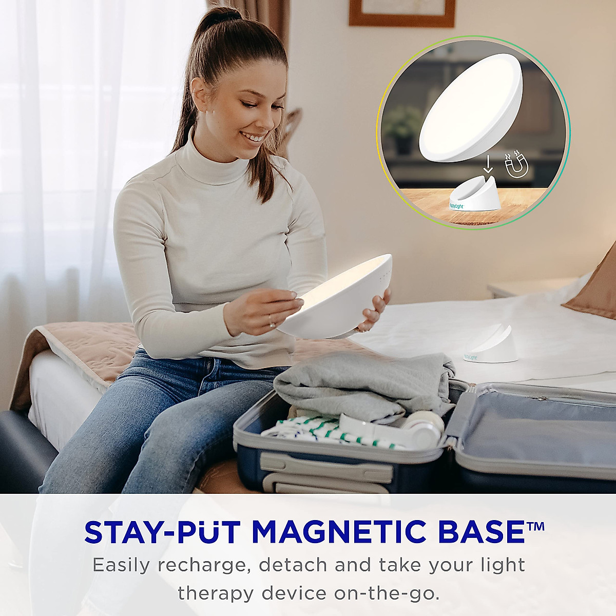 Verilux HappyLight Halo - Cordless LED Light Therapy Lamp with a 360° Magnetic Base & Rechargeable Battery for Portable, UV-Free, Full Spectrum 10,000 LUX Light with Adjustable Brightness and Color