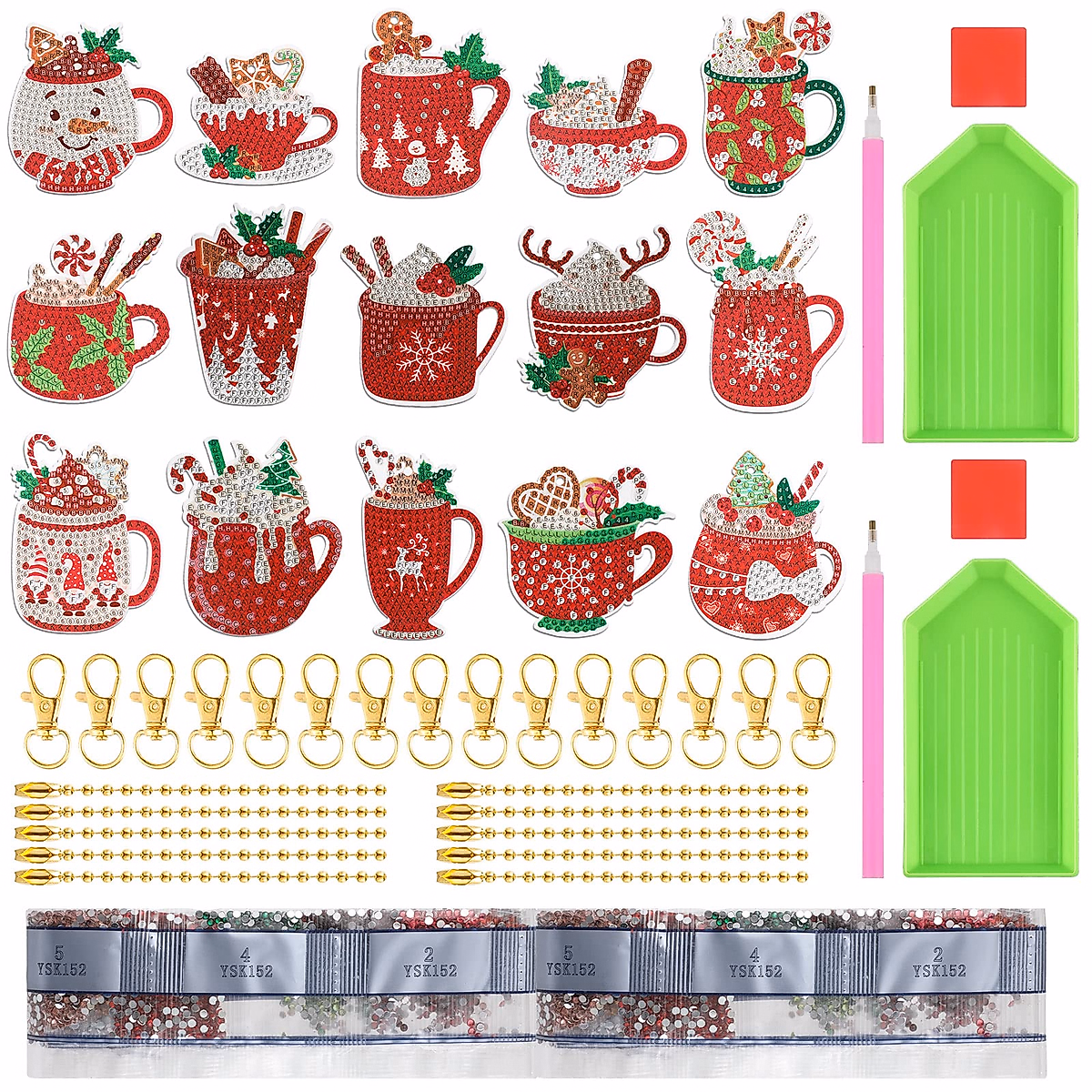 15 Pieces Christmas Diamond Painting Keychain Diamond Painting Ornaments 5D DIY Diamond Painting Keychain Hot Cocoa Christmas Diamond Art Ornaments for Kids Christmas DIY Crafts Family Decor (Cute)