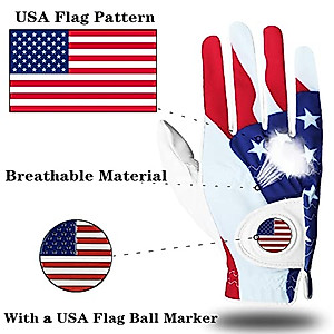 Golf Gloves Men Right Handed Golfer Left Hand with Ball Marker 2 Pack Leather Breathable Comfortable Weathersof Grip Size Small Medium ML Large XL (White&USA Flag, Large(Worn on Left Hand))
