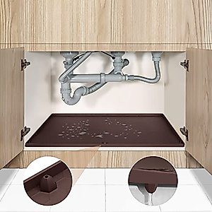 AECHY Under Sink Mats for Kitchen Waterproof, 28" x 22" Under Sink Tray, Under Kitchen Sink Mat with Unique Drain Hole, Waterproof & Flexible Under Sink Liner for Kitchen and Bathroom Brown