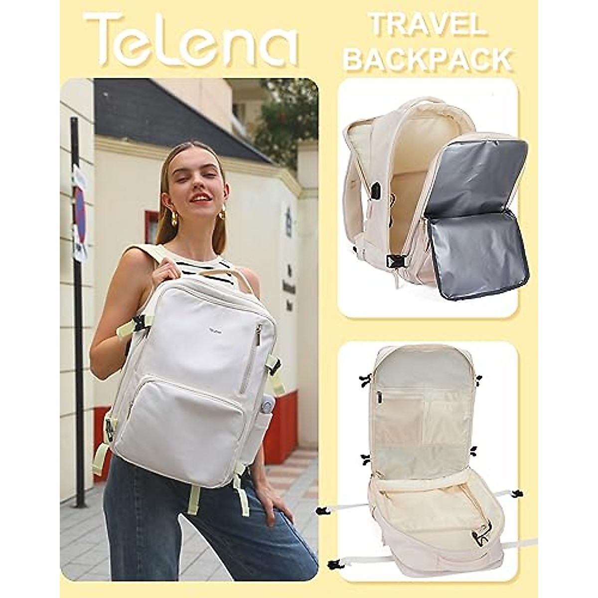 Telena Travel Backpack for Women Large Carry On Backpack Airline Approved Personal Item Backpack with USB Charging Port Waterproof Casual Bag, Beige