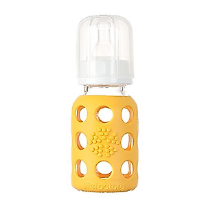 Lifefactory 4-Ounce BPA-Free Glass Baby Bottle with Protective Silicone Sleeve and Stage 1 Nipple, Yellow