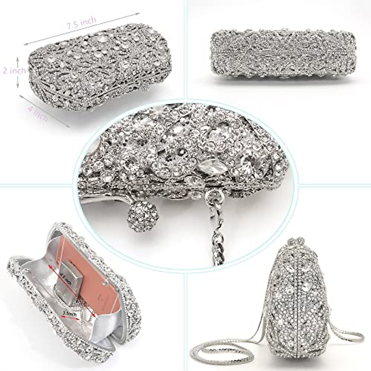 MOSSMON Formal Rhinestone Crystal Clutch Evening Wedding Bag For Women Silver