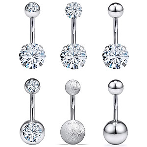 14G Belly Button Rings Belly Rings for Women Men Stainless Steel CZ Belly Piercing Jewelry Surgical Steel Clicker Belly Button rings Curved Navel Ring Barbell Body Jewelry Piercing Silver 14mm 6Pcs