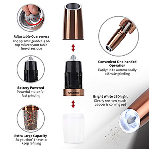 AmuseWit Gravity Electric Pepper and Salt Grinder Set [White Light] Battery Operated Automatic Pepper and Salt Mills with Light,Adjustable Coarseness,One Handed Operation,Copper