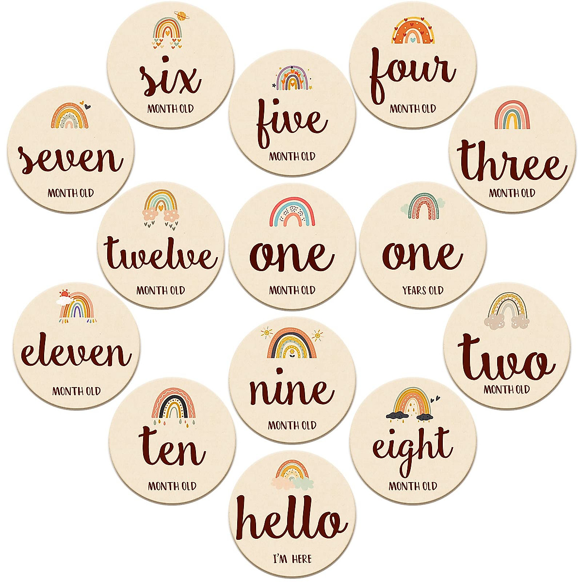 Yalikop 14 Pcs Wooden Baby Milestone Discs Cards Double Sided Baby Monthly Milestone Blocks Picture Props for Newborn Gift Pregnancy Birth Announcement Sign Month Baby Milestone Card with Storage Bag