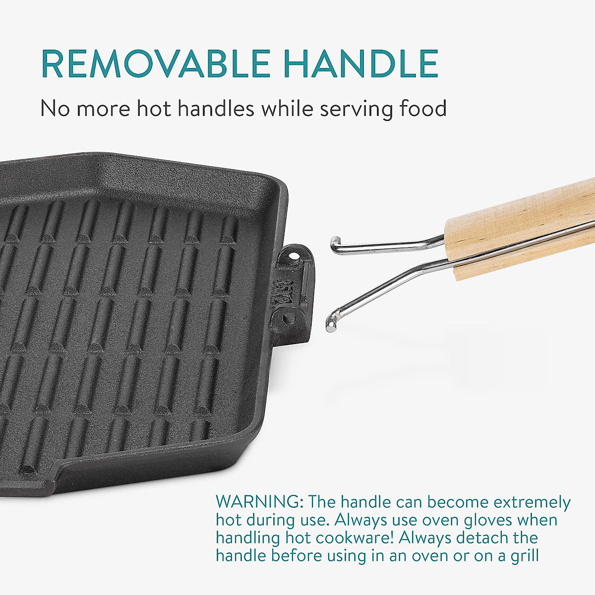 Navaris Sizzling Cast Iron Skillet Set - Fajita Grill Pan with Removable Handle for Fajitas, Steak, Sizzler Dishes 13.4" x 8" - Includes Wood Trivet