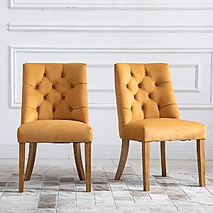 Dolonm Modern Dining Chairs Set of 2 Upholstered Button Tufted Dining Chair with Nailhead Trim Accent Wingback Velvet Wooden Chair for Dining Room Kitchen Bedroom (Orange)