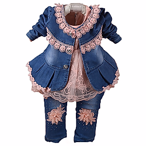 Yao 6M-4Y Infant 3Pcs Baby Girls Clothes Set Toddler Outfits Lace Dress Jacket and Jeans (2-3Y,Flower-Pink)